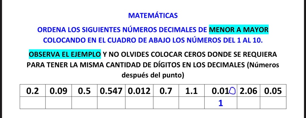SOLVED: ORDENA LOS SIGUIENTES NÚMEROS DECIMALES DE MENOR A MAYOR ...
