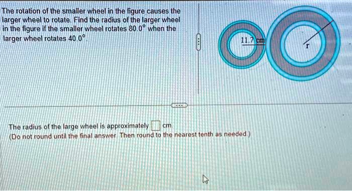 SOLVED: How is this solved? Thanks! The rotation of the smaller wheel ...