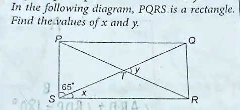 In the following diagram, PQRS is a rectangle. Find the values of x and y.