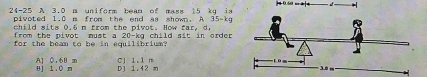 24-25 A 3.0 m uniform beam of mass 15 kg is pivoted 1.0 m from the end as shown. A 35-kg child ...