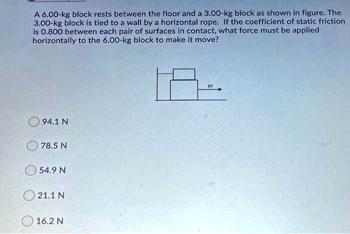 SOLVED: A 6.00-kg block rests between the floor and a 3.00-kg block as ... SOLVED: A 6.00-kg block rests between the floor and a 3.00-kg block as ...