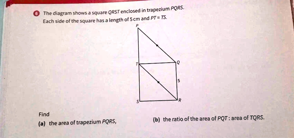 The diagram shows a square QRST enclosed in trapezium PQRS. Each side of the square has a length ...