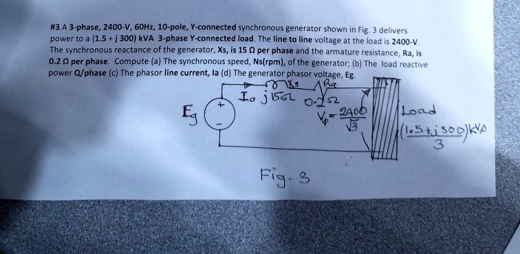 SOLVED: A 3-phase, 2400-V, 60Hz, 10-pole, Y-connected synchronous generator shown in Fig. 3 ...