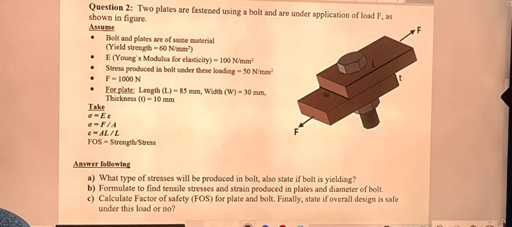 question 2 two plates are fastened using a bolt and are under ...