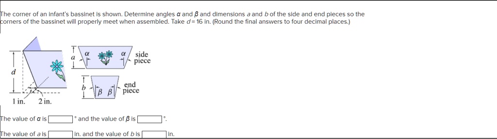 The corner of an infant's bassinet is shown. Determine angles α and β ...