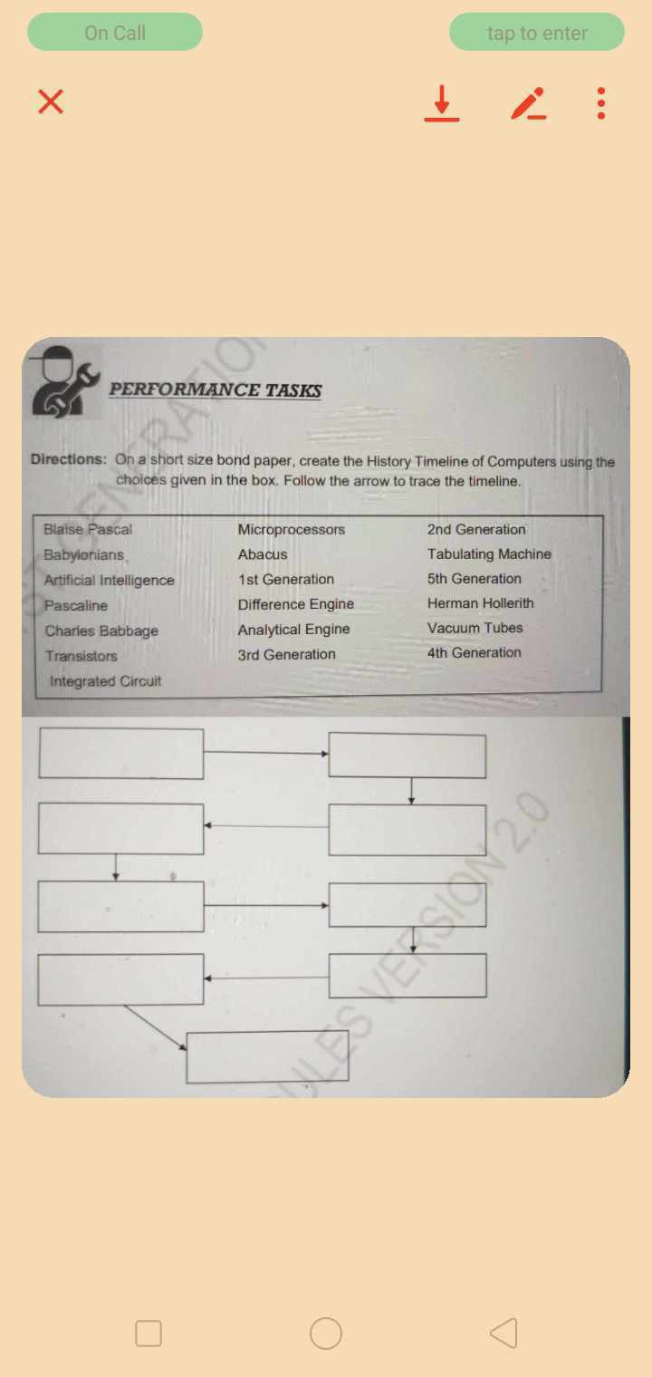 On Call tap to enter ↓ 0 PERFORMANCE TASKS Directions: On a short size bond paper, create the ...