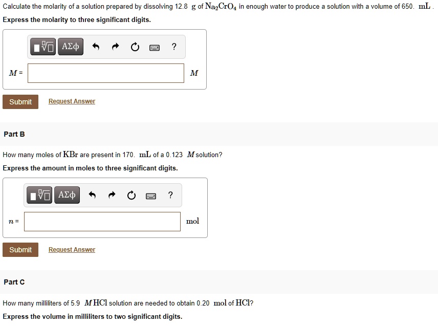SOLVED: Calculate the molarity of solution prepared by dissolving 12.8 g of Nazl CrO4 in enough ...