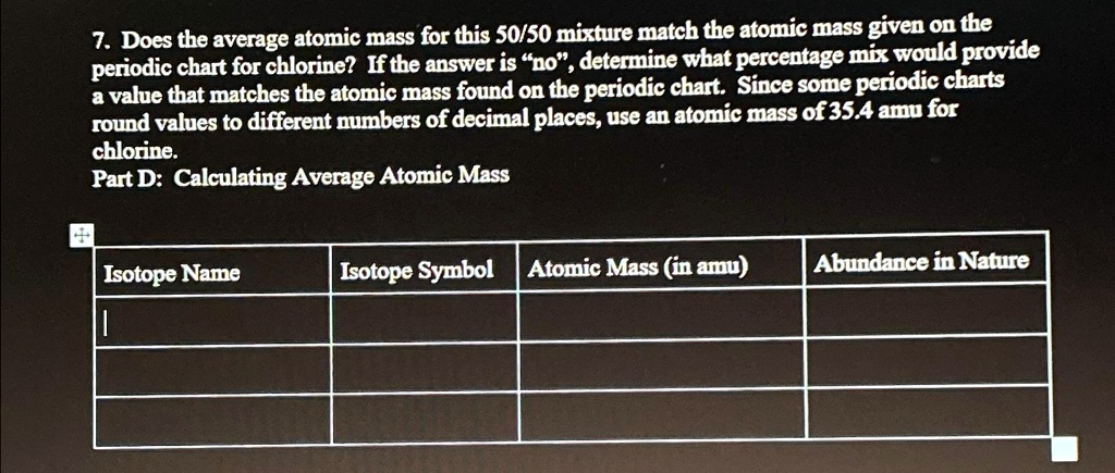 SOLVED: Does the average atomic mass for this (50)/(50) mixture match ...