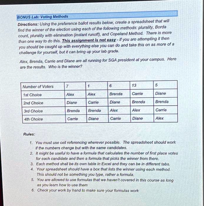 SOLVED: BONUS Lab Voting Methods Directions: Using the preference ballot results below, create a ...