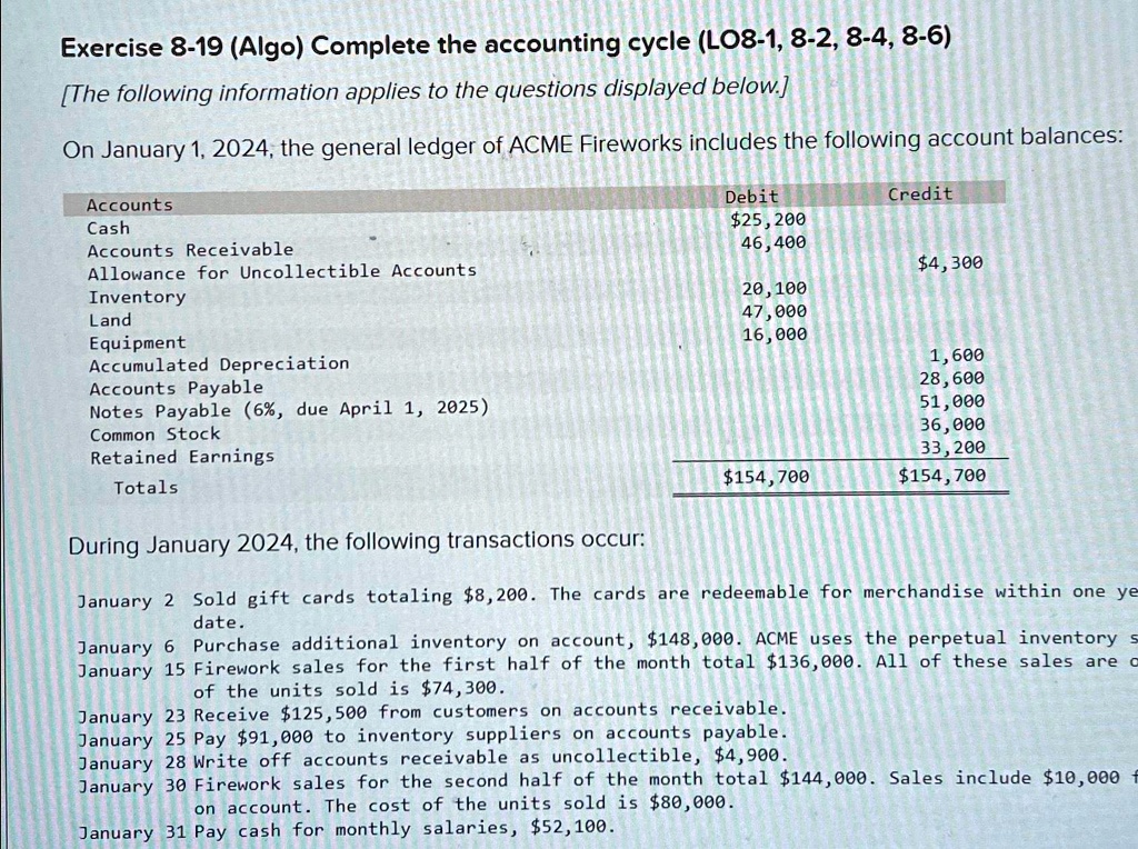 exercise 8 19 algo complete the accounting cycle lo8 1 8 2 8 4 8 6 the ...