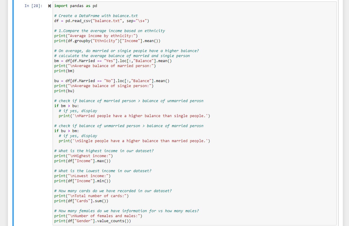 In [28]: import pandas as pd # Create a DataFrame with balance.txt df = pd.readcsv("balance.txt ...