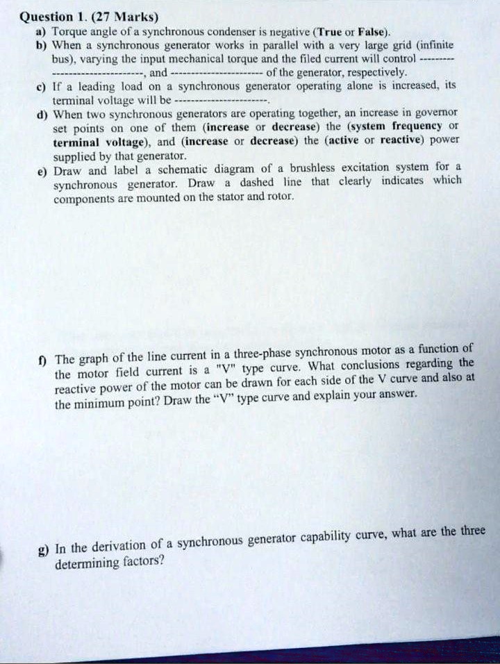 SOLVED: Question 1.27 Marks a) Torque angle of a synchronous condenser ...