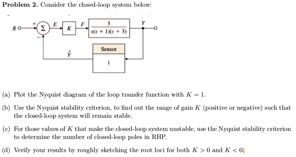Problem 2. Consider the closed-loop system below: + E F 3 Y RO ? K s(s+1)(s+3) Sensor ? 1 (a ...
