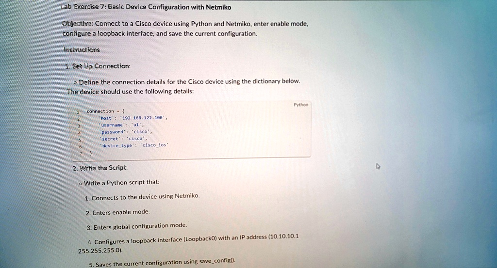 lab exercise 7 basic device configuration with netmiko objective ... lab exercise 7 basic device configuration with netmiko objective ...