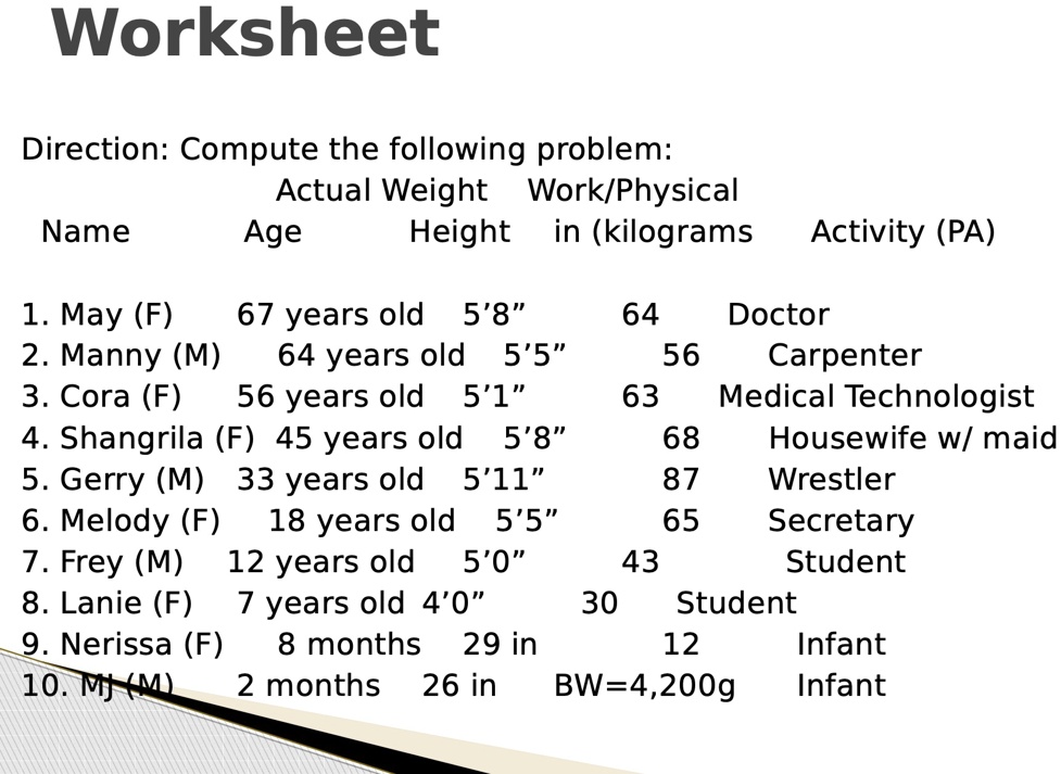 Worksheet Direction: Compute the following problem: Actual Weight Work ...