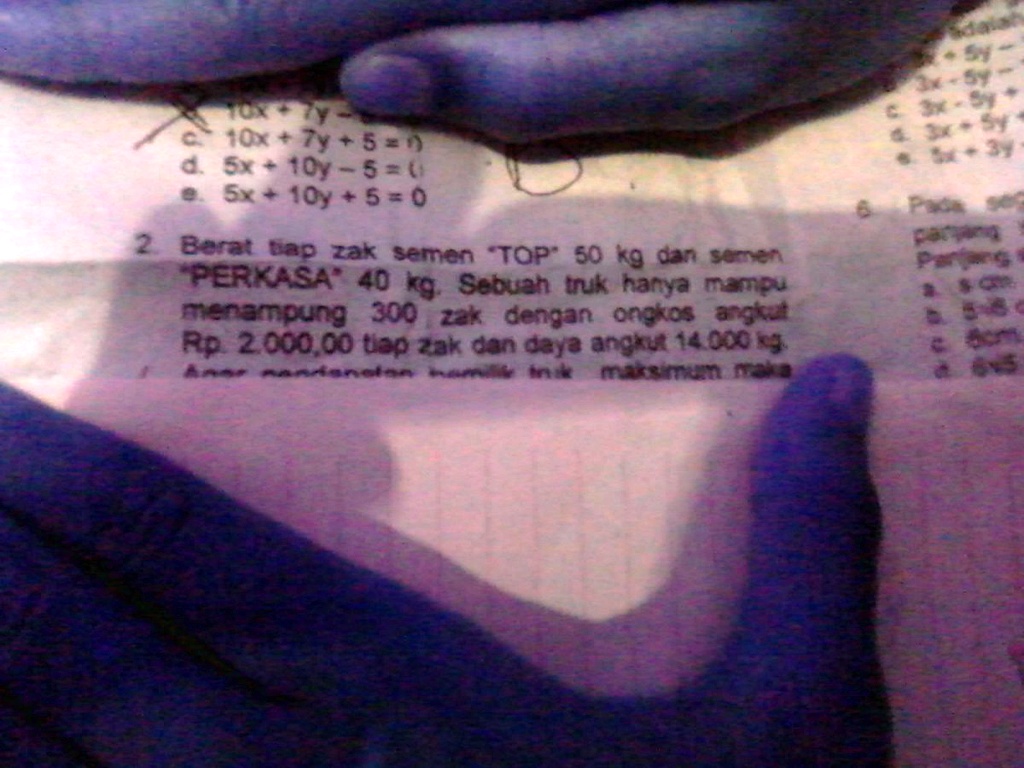 SOLVED: berat tiap zak semen "top" 50 kg dan semen "PERKASA" 40 kg sebuah truk hanya mampu ...