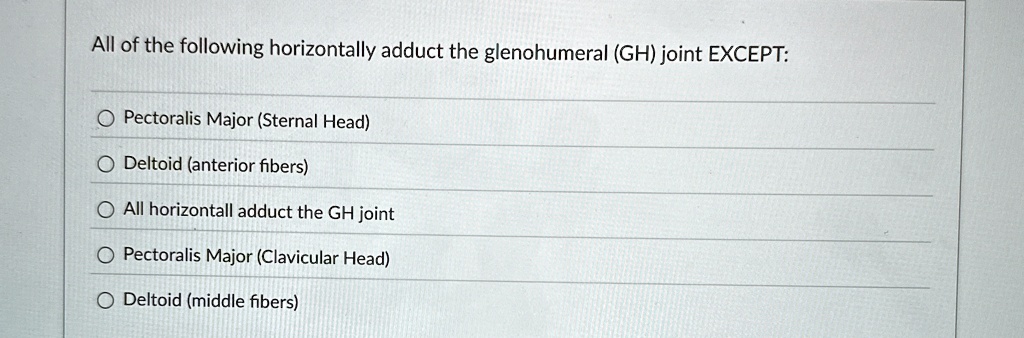 All of the following horizontally adduct the glenohumeral (GH) joint ...