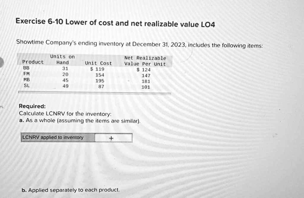 SOLVED: Exercise 6-10 Lower of cost and net realizable value LO4 Showtime Company's ending ...