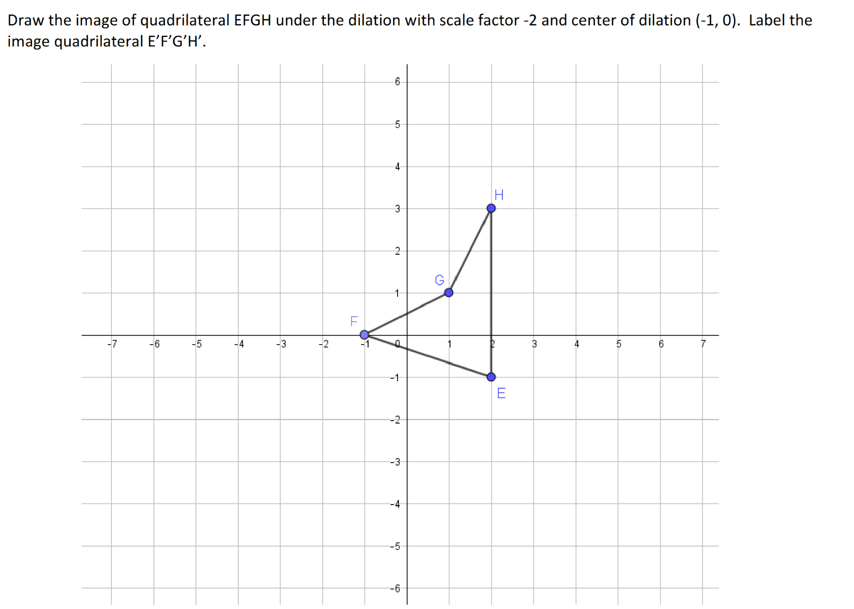 Draw the image of quadrilateral EFGH under the dilation with scale factor -2 and center of ...