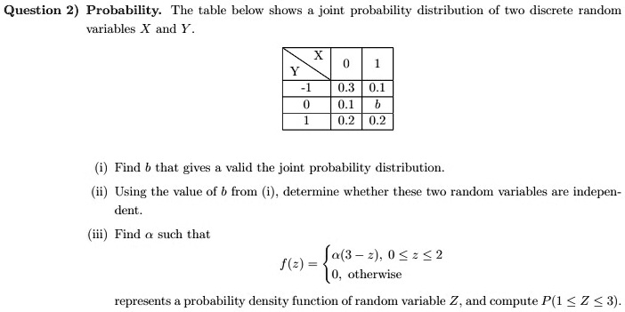 SOLVED: Question 2 Probability. The table below shows a joint probability distribution of two ...