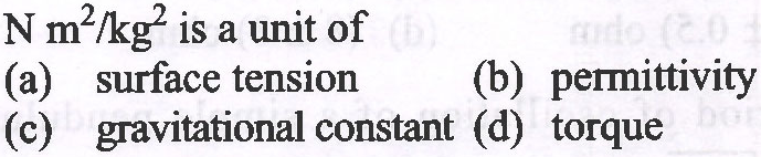 Nm^2 / kg^2 is a unit of (a) surface tension (b) permittivity (c ...