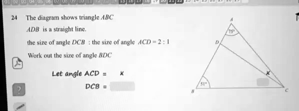 SOLVED: The diagram shows trinngle ABC ADB straigh line, the size of angle DCK the size of angle ...