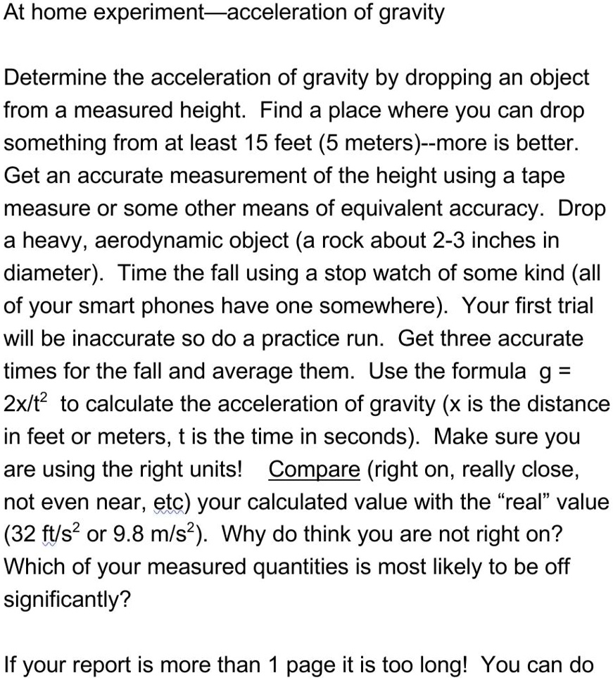 SOLVED: At-home experiment - acceleration of gravity Determine the ...