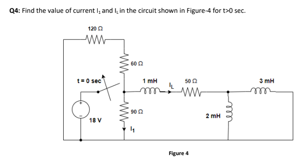 Q4: Find the value of current I1 and IL in the circuit shown in Figure-4 for t>0 sec. Figure 4