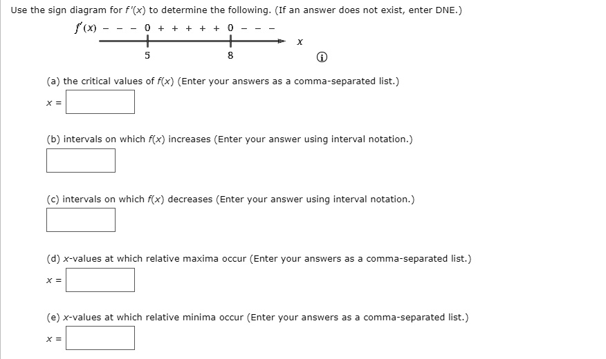 SOLVED: Use the sign diagram for (x) to determine the following: (If an ...