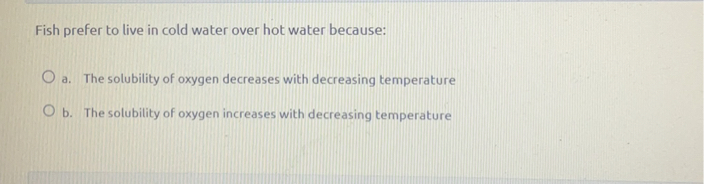 SOLVED: Fish prefer to live in cold water over hot water because: a ...