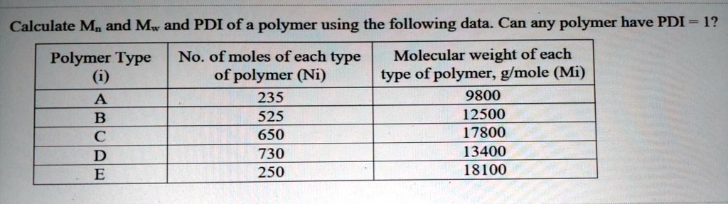 SOLVED: Calculate Mz and M, and PDI of a polymer using the following ...
