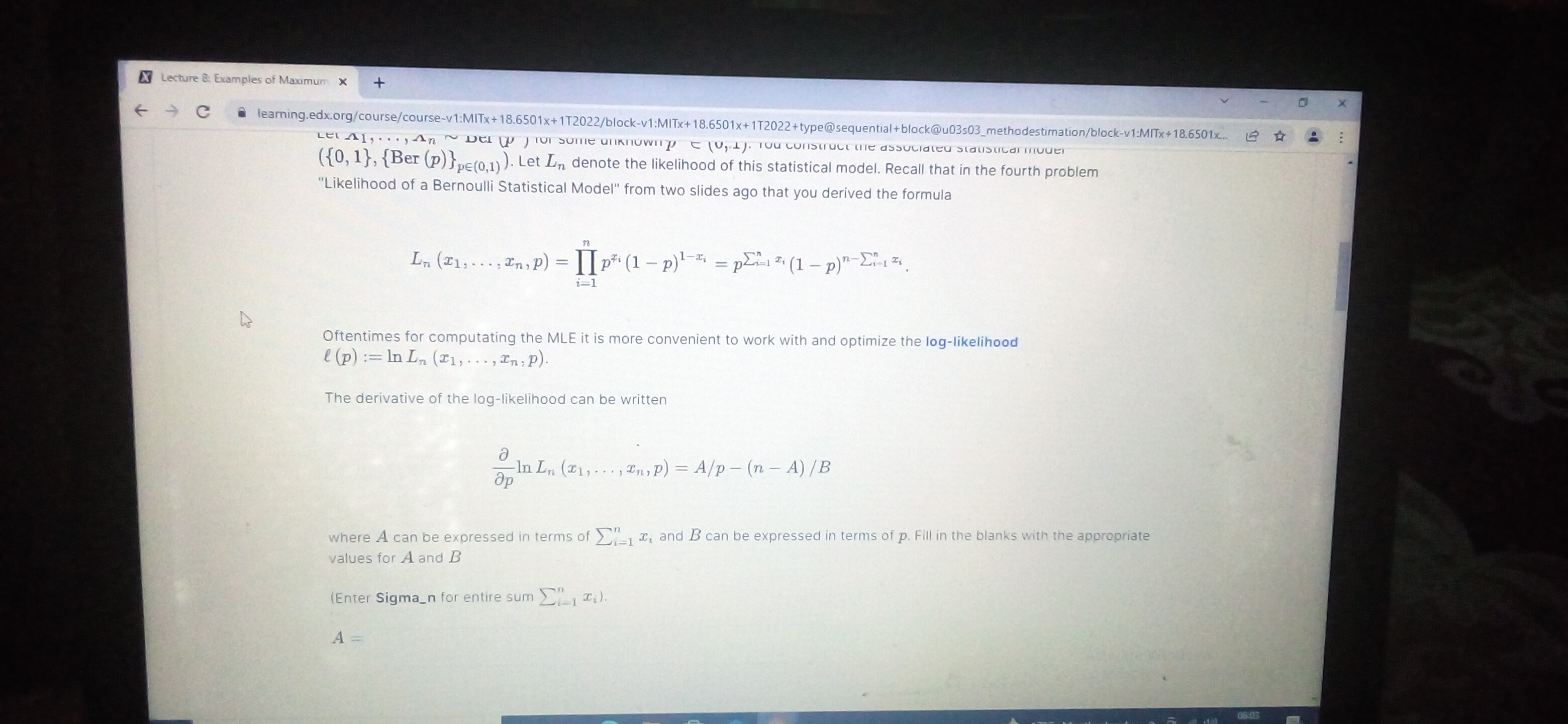 .({0,1},{Ber(p)}}p ∈(0,1)) . Let Ln denote the likelihood of this ...