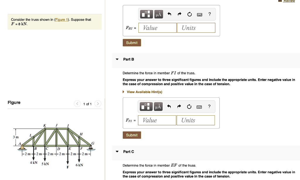 Consider the truss shown in (Figure 1). Suppose that F = 8 kN. Figure 1 ...