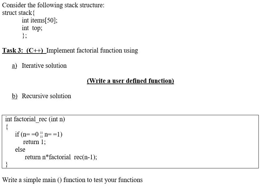 Solved Consider The Following Stack Structure Struct Stack Int Items 50 Int Top Task 3 8444