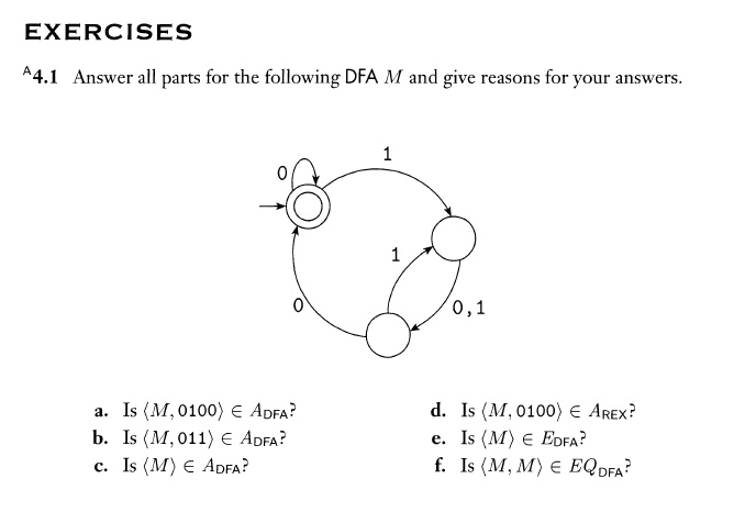 EXERCISES A4.1 Answer all parts for the following DFA M and give reasons for your answers. 0 1 1 ...