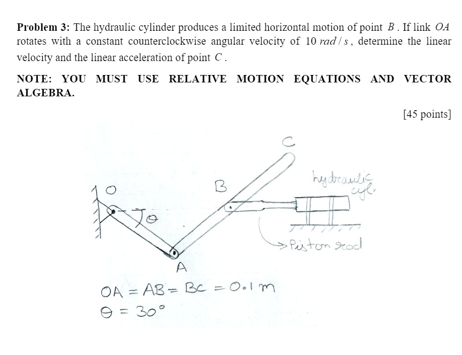 SOLVED: The hydraulic cylinder produces a limited horizontal motion of point B. If link OA ...