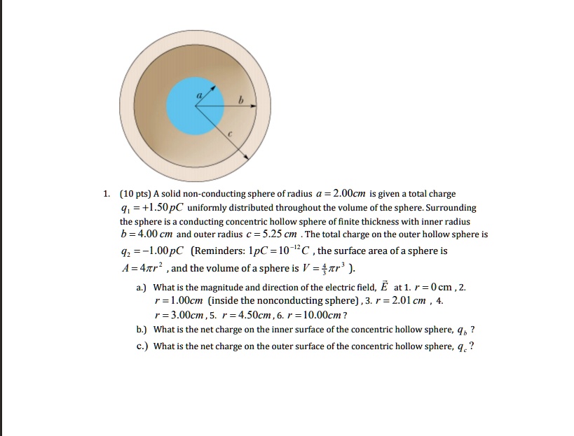 SOLVED: A solid non-conducting sphere of radius a = 2.00 cm is given a total charge = +1.50 pC ...