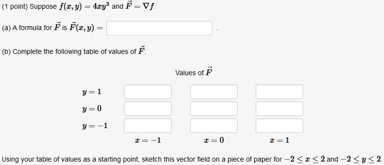 SOLVED: point) Suppose f(z,y) = 4wy? and F = Vf (a) A formula for Fis F ...