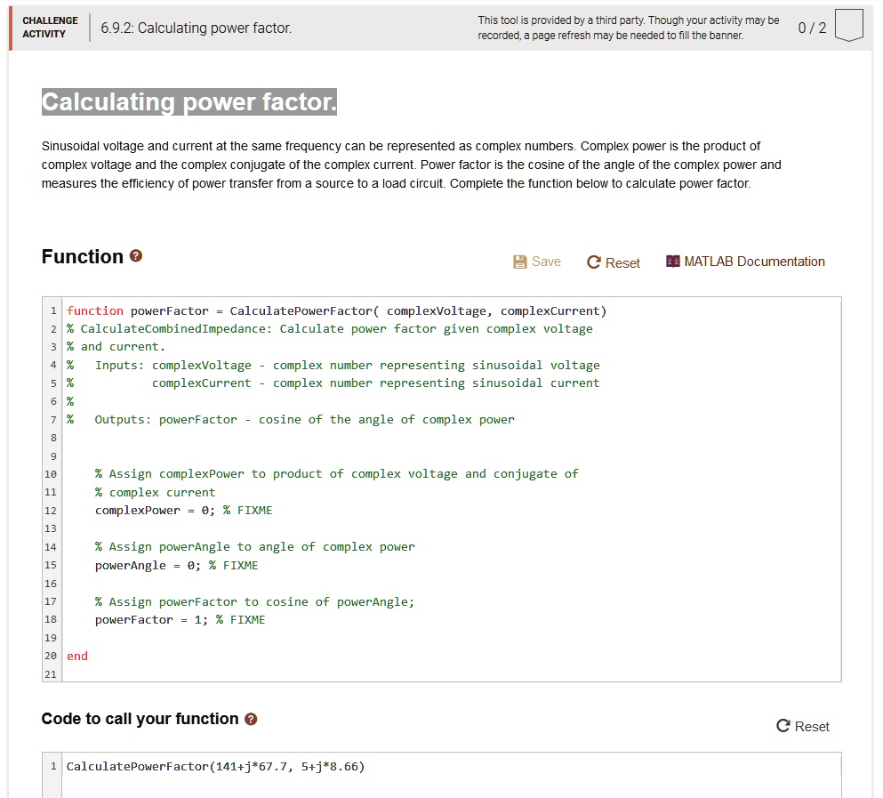 SOLVED: CHALLENGE ACTIVITY 6.9.2: Calculating power factor. This tool ...