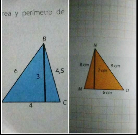 SOLVED: 3. calcula el área y perimetro de los siguientes triangulos ...