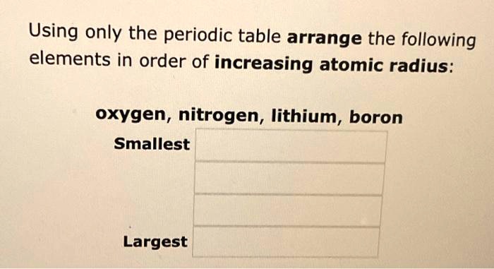 SOLVED: Using only the periodic table, arrange the following elements ...