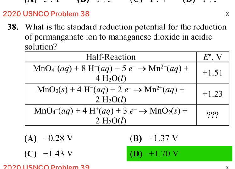 Solved 2020 Usnco Problem 38 38 What Is The Standard Reduction
