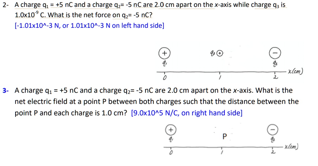 SOLVED: 2 charges Q1 = +5 nC and Q2 = 5 nC are 2.0 cm apart on the x ...