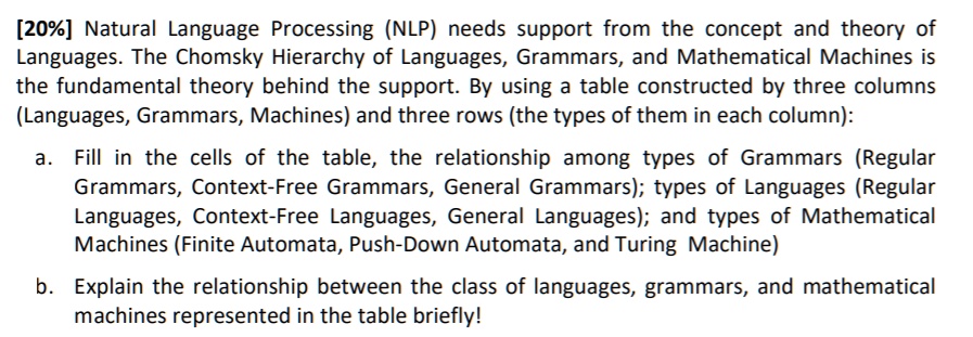 [20%] Natural Language Processing (NLP) needs support from the concept and theory of Languages ...