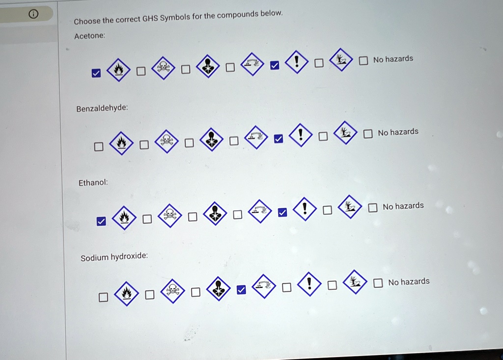 Choose the correct GHS Symbols for the compounds below. Acetone ...