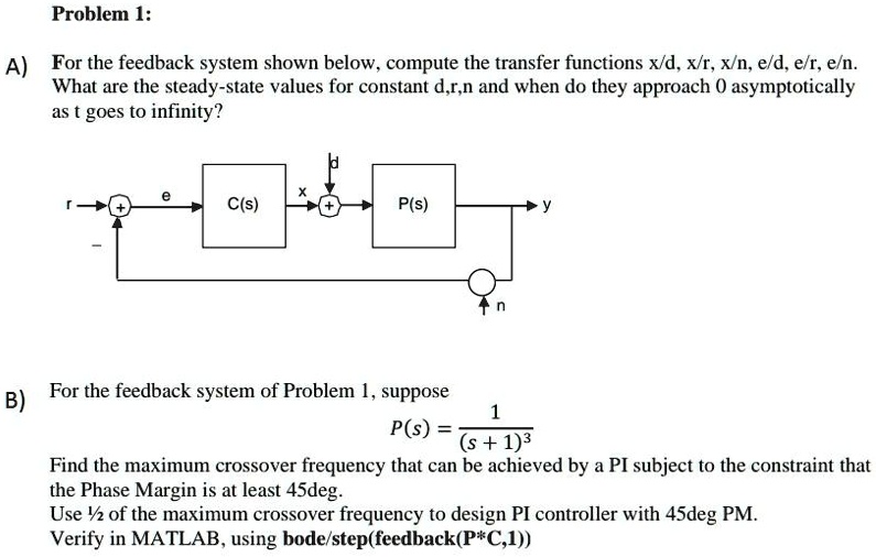 Problem 1: A) For the feedback system shown below, compute the transfer functions x/d, x/r, x/n ...