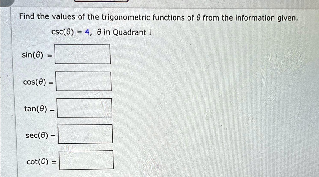 Find the values of the trigonometric functions of θfrom the information given. csc(θ) = 4, θin ...