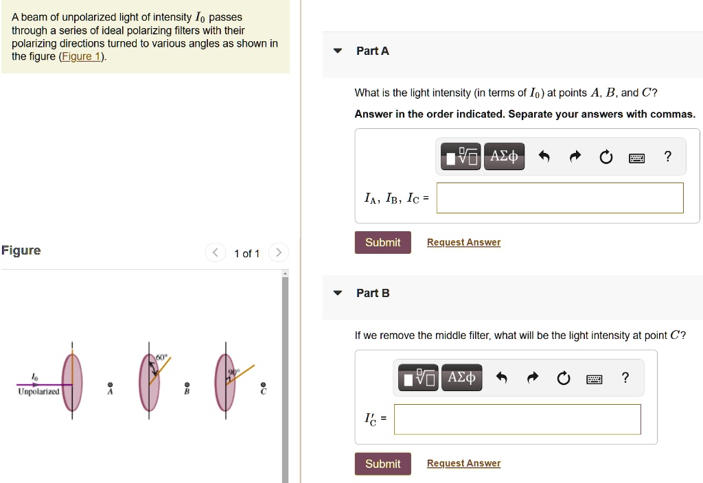 SOLVED: A beam of unpolarized light of intensity Io passes through a series of ideal polarizing ...