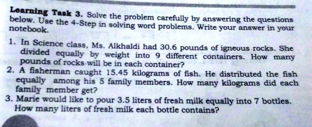 Learning Task 3. Solve the problem carefully by answering the questions ...