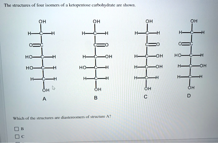The structures of four isomers of a ketopentose carbohydrate are shown ...